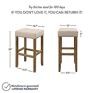 Nathan James Hylie Nailhead Wood Pub-Height Kitchen Counter Bar Stool 29", Natural Flax/Light Brown