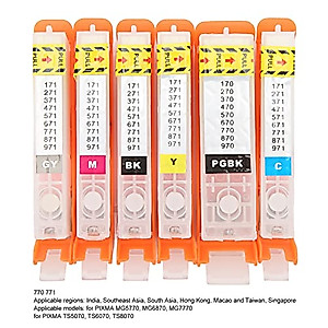 FTVOGUE 5PCS Ink Cartridge, Reusable Printing Ink Cartridge PGBK BK C M Y 5 Color for Printing (770-771)