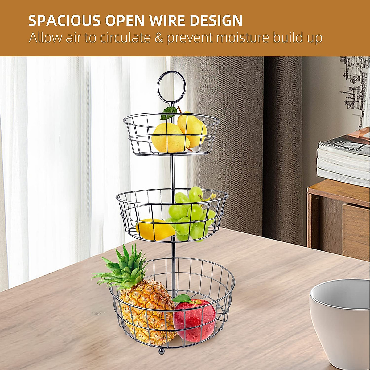 3 Tier Fruit Basket Regal trunk & Co, Elegant French Country Wire Baskets, Three Tiered Wire Basket Stand for Vegetables, Bread & More for Countertop or Hanging, Christmas or Birthday Present