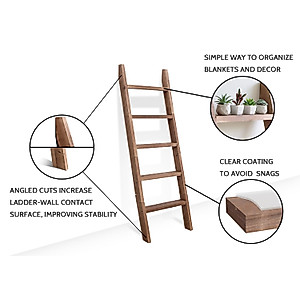 FUIN 5ft (58") Wood Blanket Ladder Living Room Decorative Wall Leaning Farmhouse Quilt Display Holder Shelf Rustic Wooden Towel Rack for Bathroom, Brown