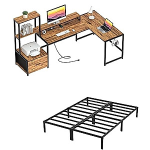 GreenForest70 in L Shaped Desk with Drawers and Printer Stand and Full Size Bed Frame Easy Quick Assembly