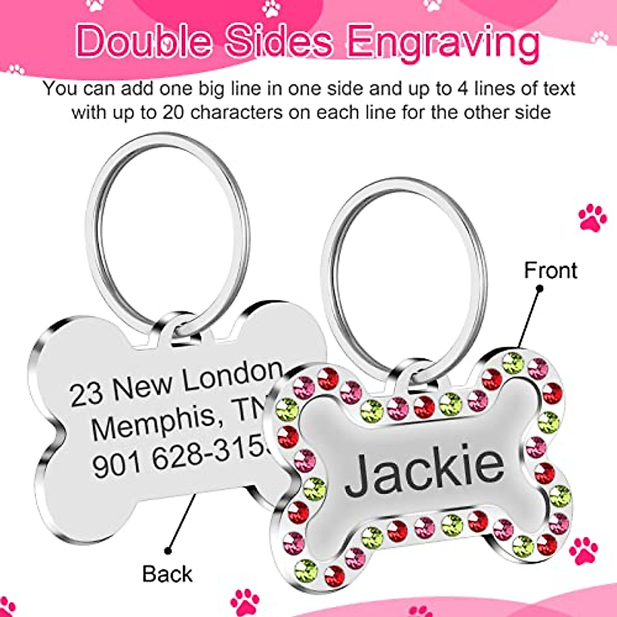 Natiform Engraved Pet Tag for Dogs and Cats, Two Sided Personalized ID Tag, Personalized with 4 Lines of Custom Engraved ID, Cute Glitter Pet Tag(White)