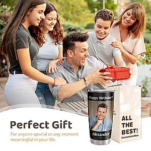 Customizedbee Personalized Tumbler with Picture Text Name, 20 oz Custom Travel Coffee Mug Personalized Gifts, Christmas Birthday Anniversary Thanksgiving Gifts for Couples Families Friends