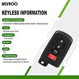 SCITOO Keyless Entry Remote Key Fob Replacement for 4 Buttons Uncut Car Key for Toyota Highlander 2014-2018 1pc FCC HYQ14FBA 314.3MHz