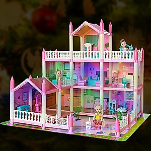 Big Doll House for Kids, 3-Story 8 Rooms Princess Dream House Toys with Doll & Doll Furnitures, DIY Dollhouse with Light Strip
