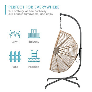 Patiorama Indoor Outdoor Egg Swing Chair with Stand, Oversized Cocoon-Shaped Rope Woven Hanging Chair, Cushion,Safety Strap,Patio Wicker Foldable Hammock Chair for Porch,Garden,Bedroom (Creamy White)