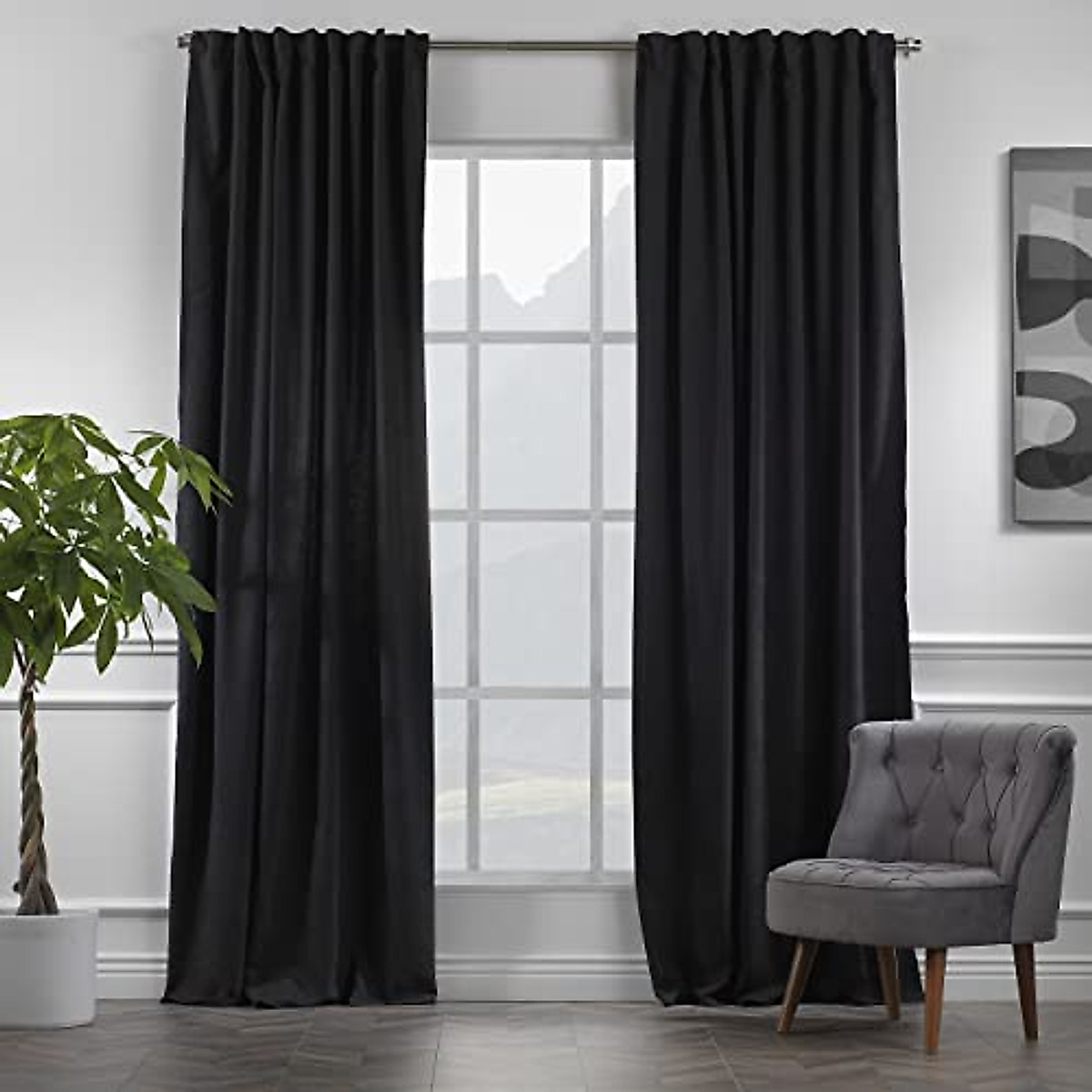 CASANEMA Extra Long Room Darkening 132" Length Faux Velvet Black Curtain Drapes - Hanging Back Tab & Rod Pocket 5-25 Feet Custom Made Curtains Set of 2-Made in Turkey Each(52" Wx132 L)