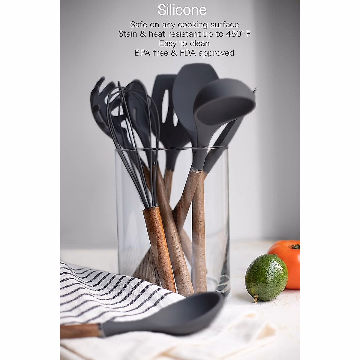 Country Kitchen Silicone Cooking Utensils, 8 Pc Kitchen Utensil Set, Easy to Clean Wooden Kitchen Utensils, Cooking Utensils for Nonstick Cookware, Kitchen Gadgets and Spatula Set - Black
