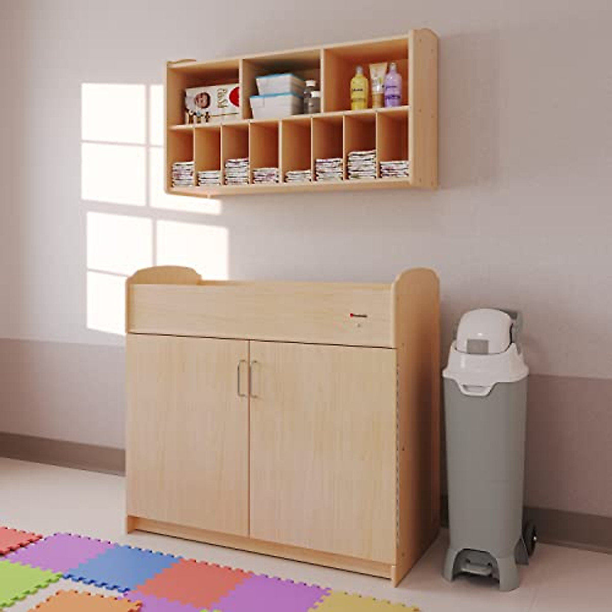 Foundations Serenity Daycare Changing Table with Storage Cubbies, Baby Diaper Changing Station for Childcare Centers, Includes 1" Foam Mattress Pad, Natural Wood Finish