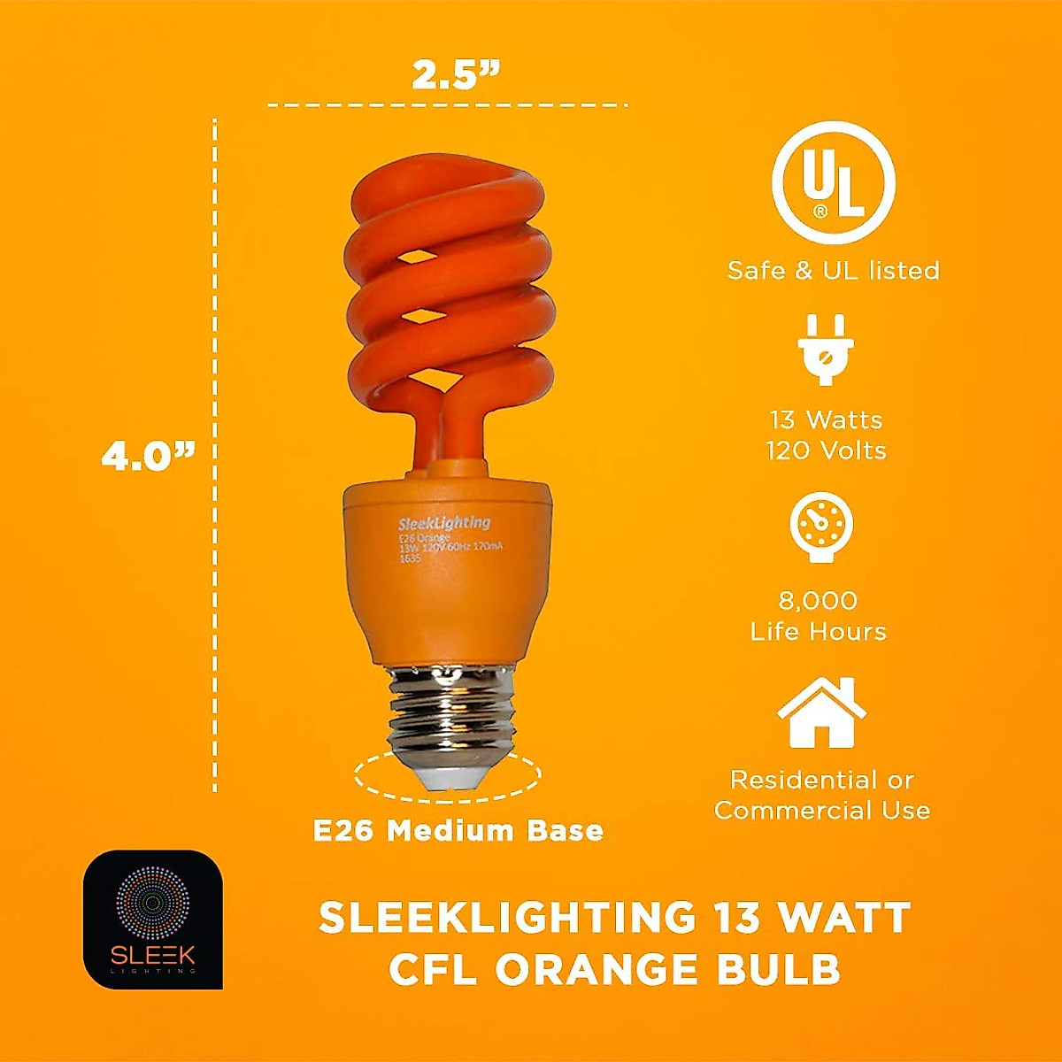 SLEEKLIGHTING 13 Watt Orange Spiral CFL Light Bulb - UL Approved- General Purpose Spiral CFL Orange Light Bulbs - 120 Volt, E26 Medium Base. (Pack of 4)