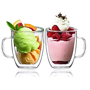 BOQO Glass Cups,Double Walled Insulated Drinking Glasses with Handle,Set Of 2 Mugs(400ml Water Glasses)