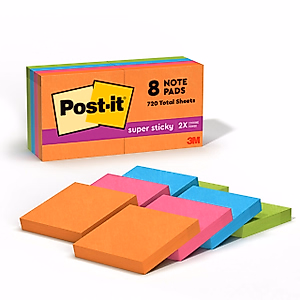 Post-it Super Sticky Notes, 2 in x 2 in, 8 Pads, 2x the Sticking Power, Rio de Janeiro Collection, Bright Colors (Orange, Pink, Blue, Green), Recyclable (622-8SSAU)