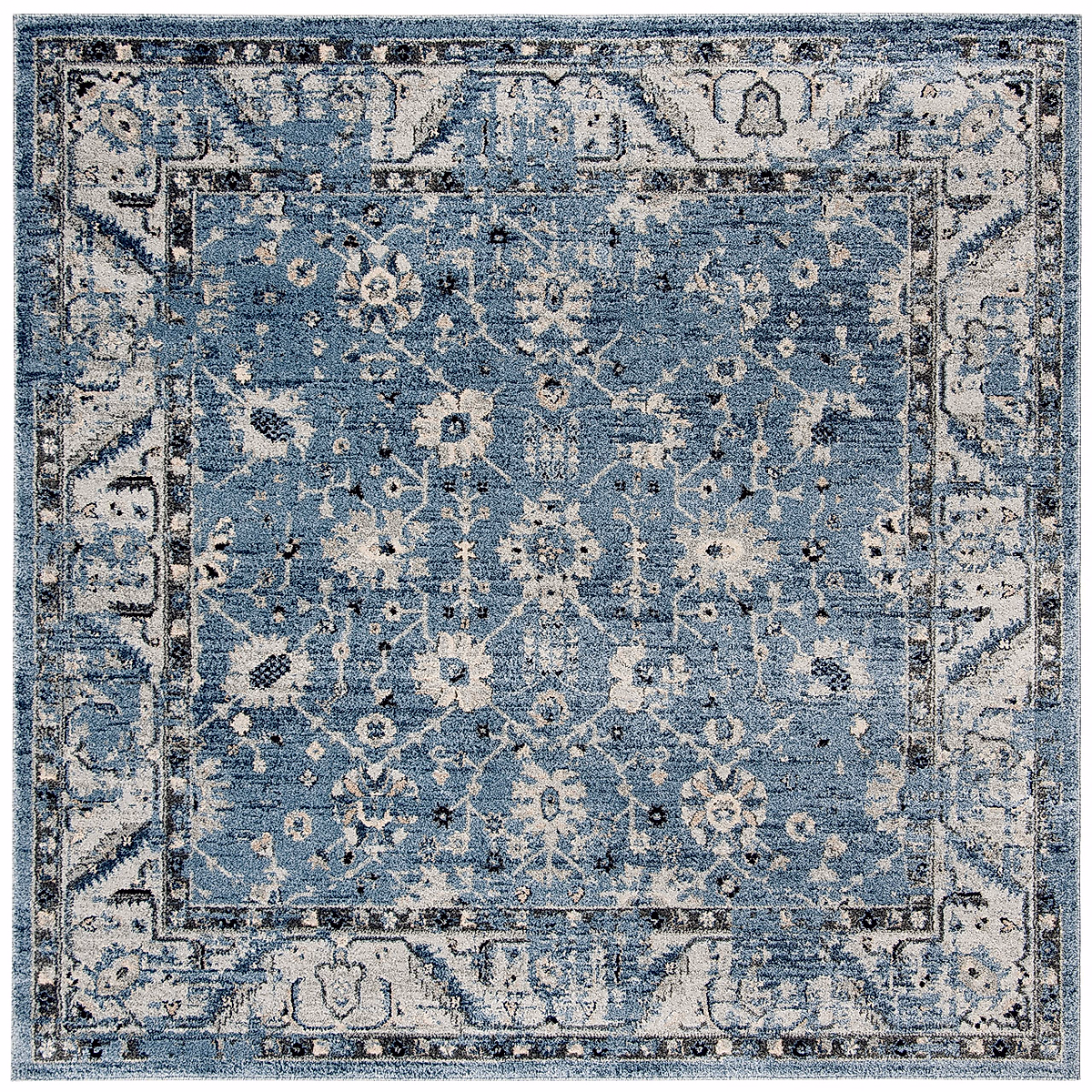 SAFAVIEH Charleston Collection Area Rug - 6'7" Square, Navy & Light Grey, Oriental Distressed Design, Non-Shedding & Easy Care, Ideal for High Traffic Areas in Living Room, Bedroom (CHL413N)