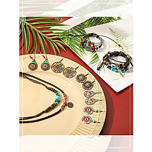 Hicarer 9 Pieces Bohemian Vintage Dangle Earrings Set Boho Retro Rhinestone Drop Earrings Multi-layer Beaded Leather Bracelet and Turquoise Bead Necklace Jewelry for Women