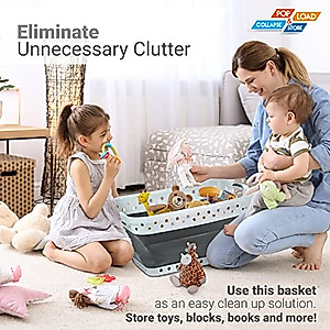 Pop & Load Collapse & Store 1 Large 25" Slim Collapsible Plastic Laundry Basket, Space Saving Portable Pop Up Storage & Organization Basket, 3" High When Folded, Dual Comfort Grip Handles, Grey