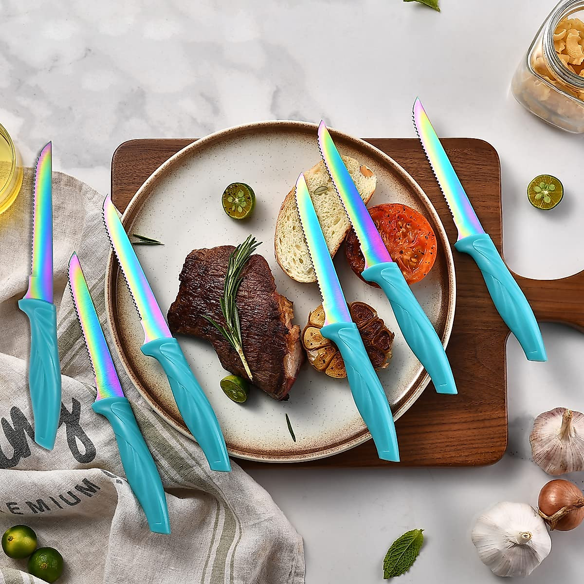 Rainbow Titanium Knife Set 17 PCS Kitchen Knives Set Sharp Cutlery Knife Sets Contain 6 Steak Knives Sharpener Clear Acrylic Stand Nonstick Chef Knife Block Set (Turquoise)