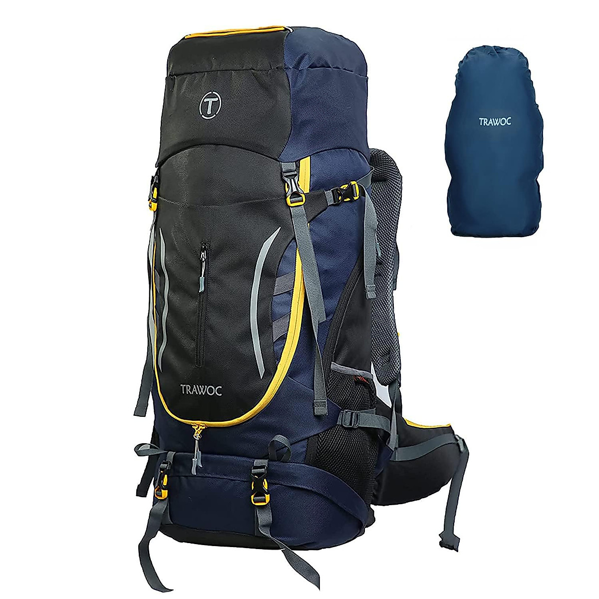 TRAWOC 65 Liter Internal Frame Trekking Hiking Backpack Travel Bag Front & Top Loading Rucksack/Water Proof Rain Cover/Shoe Compartment, HK010