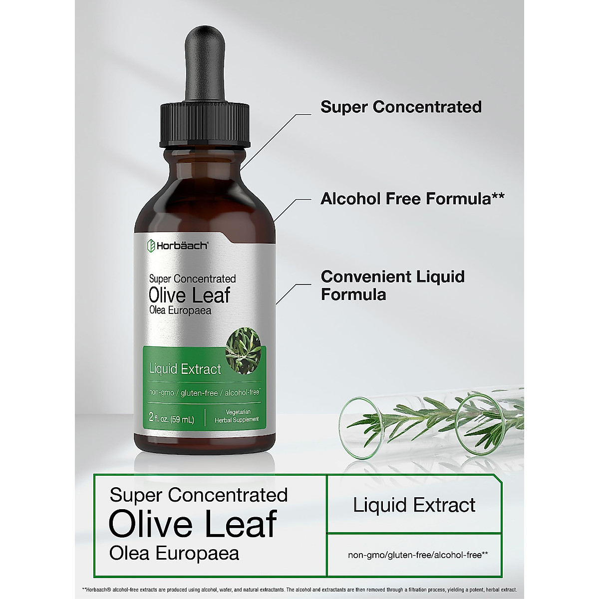 Horbäach Olive Leaf Extract Liquid | 2 fl oz | Vegetarian Drops | Alcohol Free, Non-GMO, Gluten Free Supplement