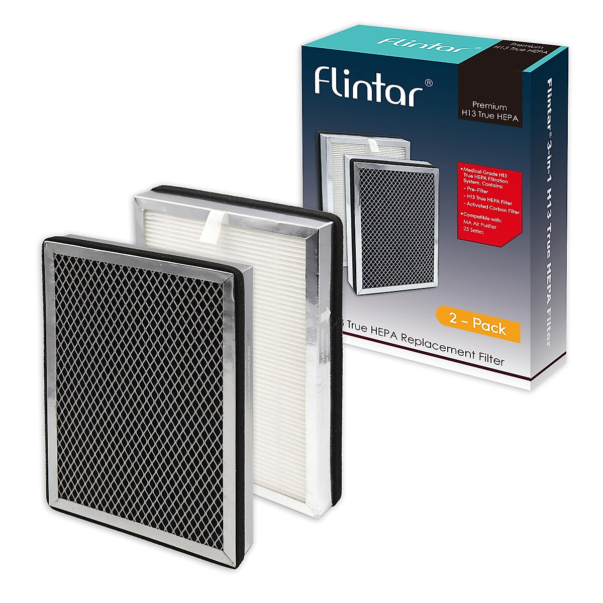 Flintar True HEPA Replacement Filter, Compatible with MA Air Purifier 25 Series, 3-in-1 Pre-filter, H13 True HEPA and Activated Carbon Filter Set, 2-Filters
