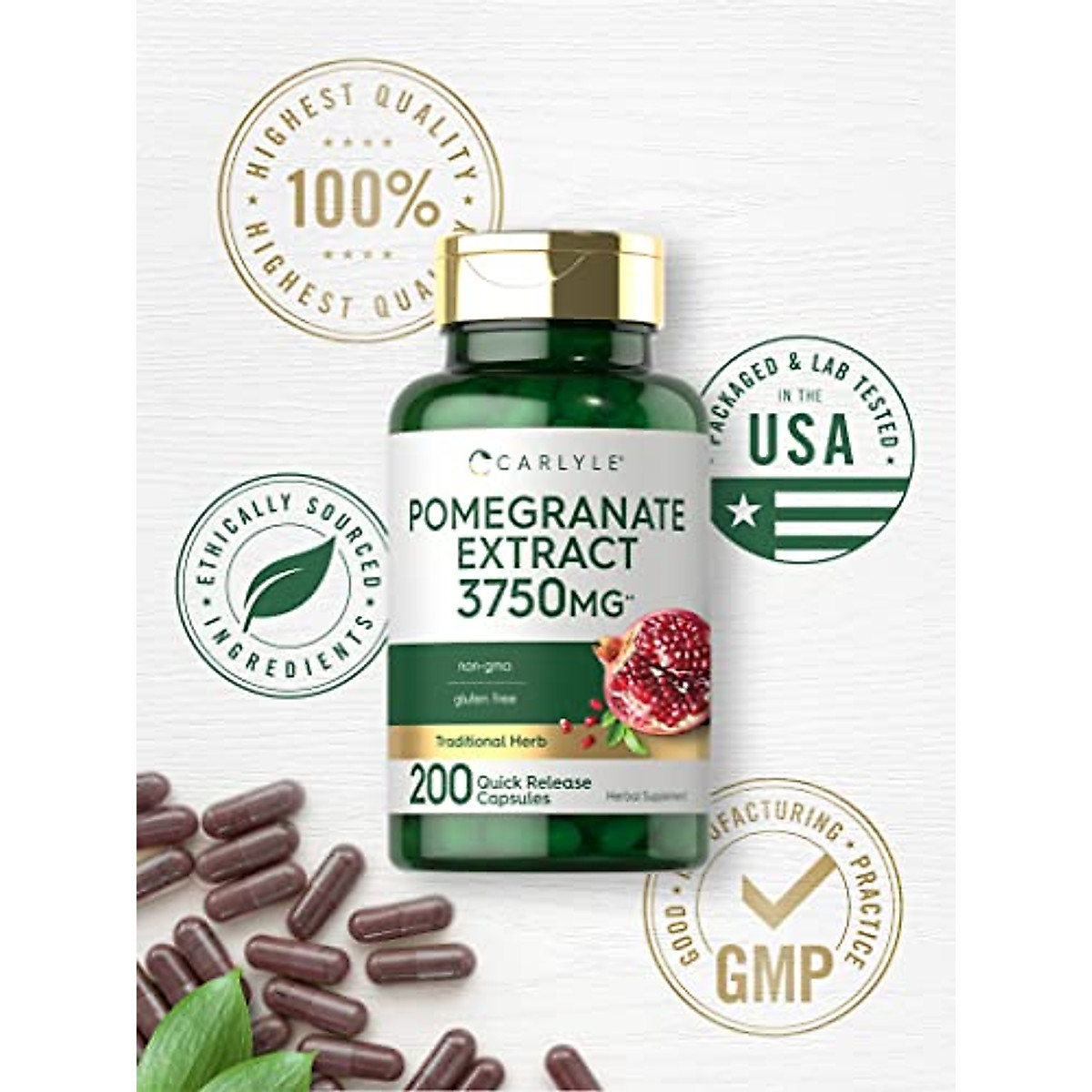 Carlyle Pomegranate Extract Supplement | 200 Capsules | Non-GMO, Gluten Free | Traditional Herb