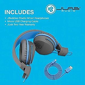 JLab JBuddies Studio Bluetooth On-Ear Kids Headphones | 13 Hour Battery Life | Studio Volume Safe | Volume Limiter | Folding | Adjustable | Noise Isolation | with Mic | Gray/Blue