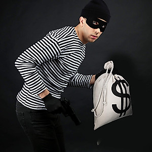 Geyoga 5 Pcs Halloween Robber Costume Set Dollar Sign Canvas Money Drawstring Bag for Halloween Cosplay Theme Party Supplies