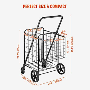 VEVOR Folding Shopping Cart, Jumbo Grocery Cart with Double Baskets, 360° Swivel Wheels, Heavy Duty Utility Cart, 110 LBS Large Capacity Utility Cart for Laundry, Shopping, Grocery, Luggage