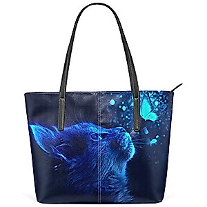 MNSRUU Tote Bag for Women Cat And Butterfly With Blue Light Shoulder Bag Big Capacity PU Leather Handbag