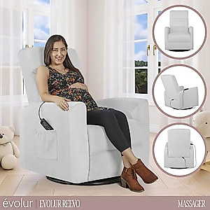 Evolur Reevo Upholstered Faux Leather Seating Glider Swivel in Misty Grey, Greenguard Gold Certified Rocker, Massager, Tool-Free Assembly, Easy to Clean