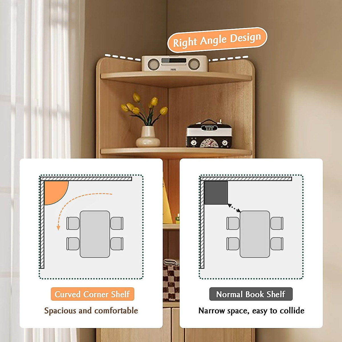 IOTXY Curved Corner Storage Cabinet - Wooden Corner Bookshelf with Door, Free Standing Organizer Display Shelf for Nook, 58.9" Tall, Oak