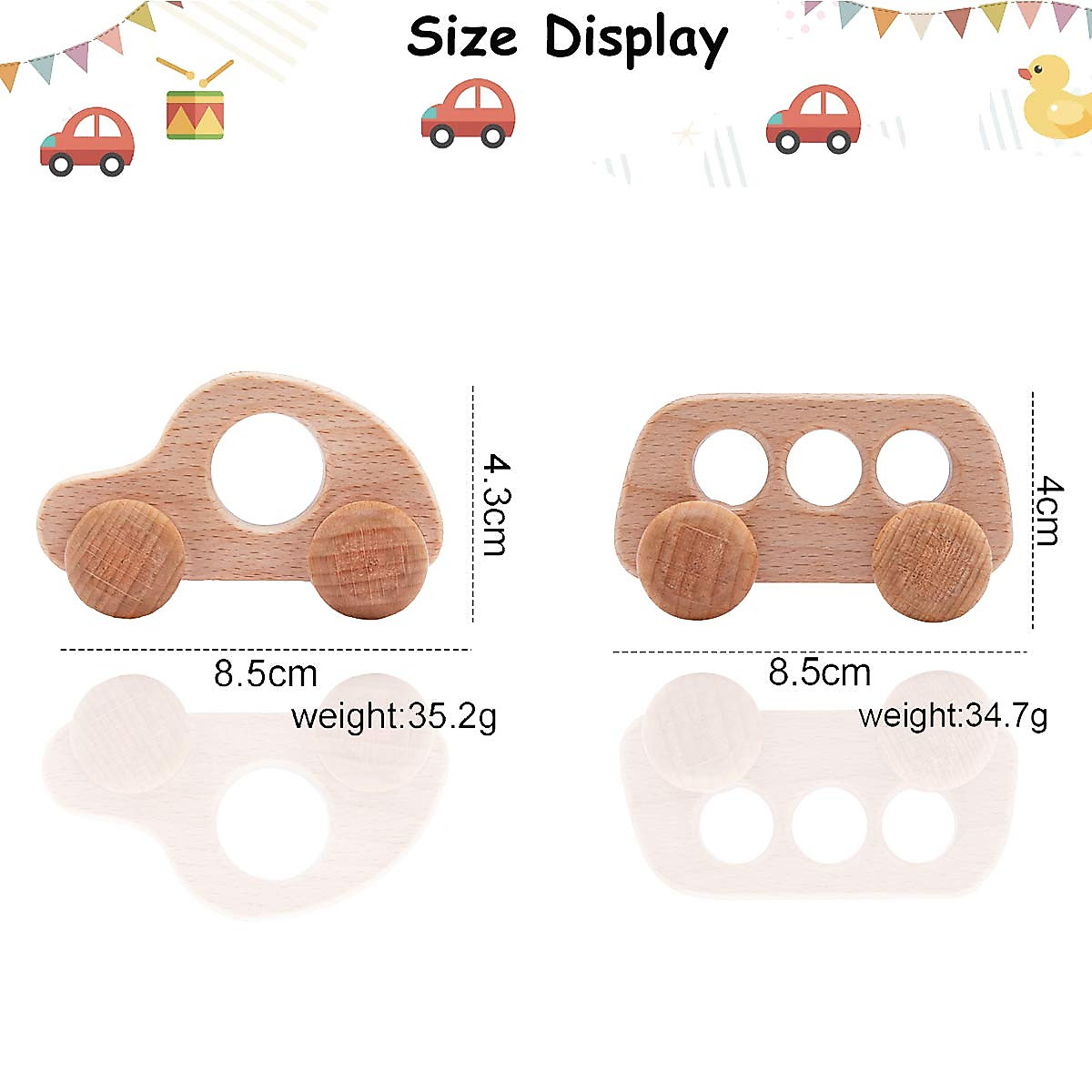 Promise Babe Organic Wooden Baby Push Toys Fine Motor Development Sensory Skills Toy Montessori Grasping Toy 2pc Wood Car Rattles