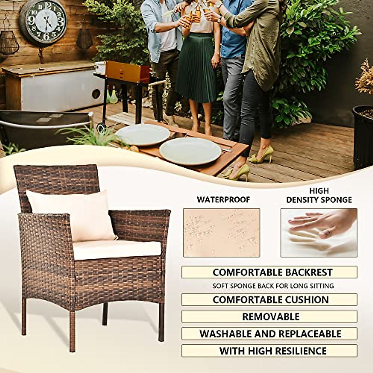 Patio Porch Furniture Sets 3 Pieces Rattan Wicker Chairs with Table and 2 Pillow Outdoor Garden Furniture Sets Conversation Chair Set