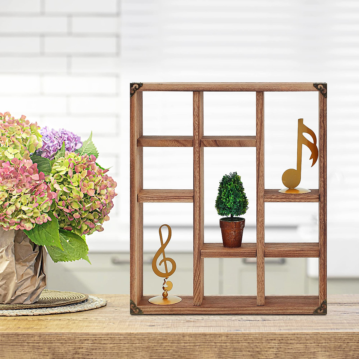 FIRMINANA Rustic Shadow Box Shelf,17.7x15.7-Inch Wall-Mounted (Vertical or Horizontal),9-Slot Rustic Wood Floating Shelves,Lightweight Solid Wood Display Shelf for Shot Glass (Brown)