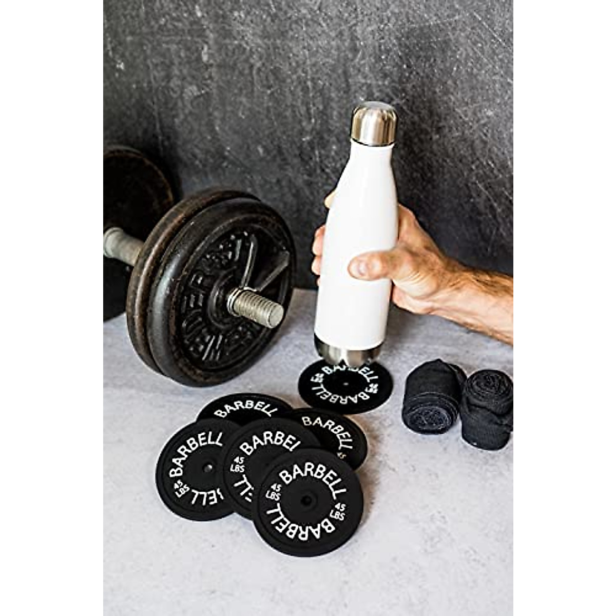 6 Set Barbell Bumper Plate Drink Coasters, Round Black Silicone Coasters, Coasters for Coffee Table, Coasters for Drinks, Absorbent Non-Stick Coaster Set for Table Top, Fitness Gym Accessories Gift