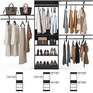 Armocity 96'' Closet System, 8FT Walk In Closet Organizer with 3 Shelving Towers, Heavy Duty Bedroom Wardrobe with 5 Shelves, Wall Mounted Clothes Rack (Can Be Cut To Fit), 96"L x 16"W x 75"H, Black