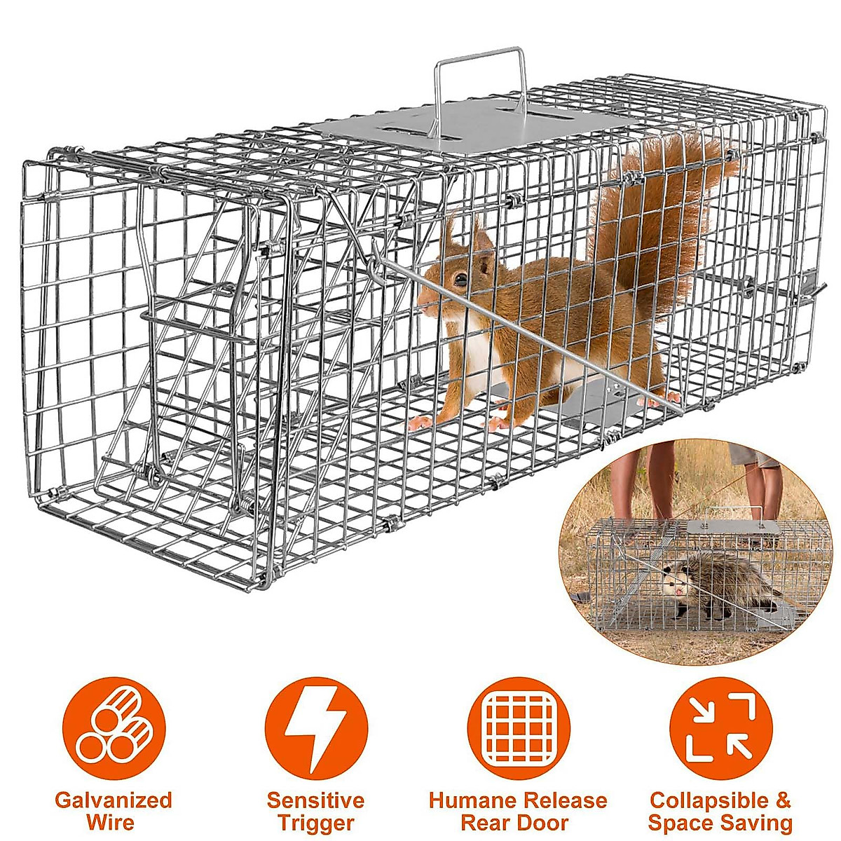 Humane Live Animal Cage Trap, 23.3x7.2x7.7 Inches Humane Cat Trap for Stray Cats,Rabbits,Squirrels Outdoor Small Animal Trap, Humane Catch & Release