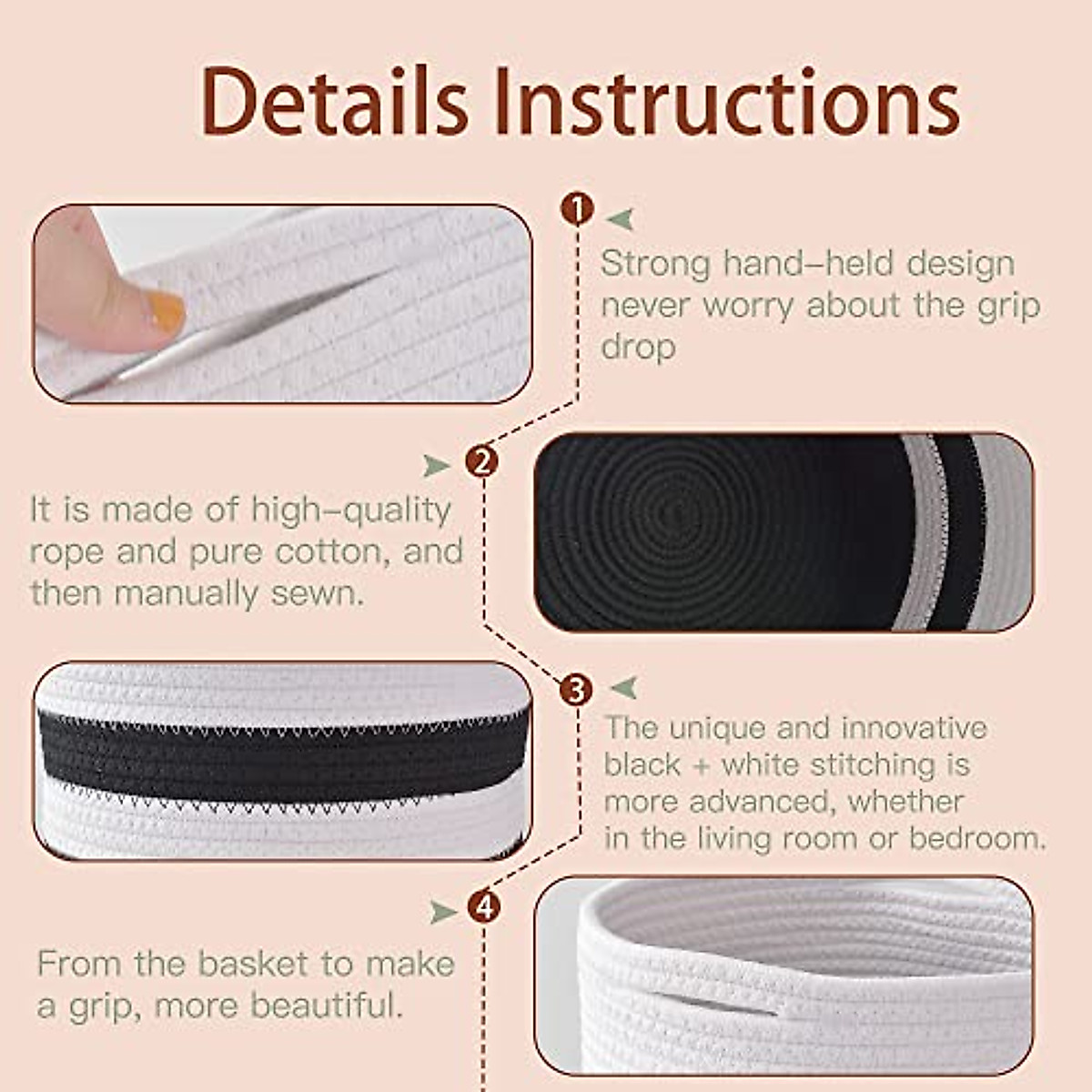 BURFERLY Mini Collapsible Laundry Hamper for Baby Pure Cotton Rope Storage Basket with Handles Dirty Clothes Hamper Storage Bins Organizer for Nursery, Laundry, Towel, Clothes (9.8''x10.2'', Black)