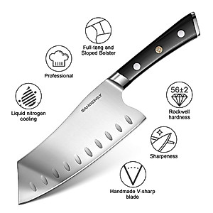 SANDEWILY Meat Cleaver Chef Knife,7-in Ultra Sharp Kitchen Knife,Slicer Knife Cooking Knife Vegetable Knife,German HC Stainless Steel,Full Tang Wood Handle,Gift Box for Home Outdoor BBQ Camping