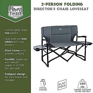 TIMBER RIDGE Oversized Double Folding Camping Side Tables 2 Person Lawn Chair, Heavy Duty Support 600 LBS for Outdoor, Grey