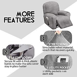 ULTICOR 4-Piece, 1 Seat Recliner Cover, Velvet Stretch Reclining Chair Covers for 1 Cushion Reclining Sofa, Single Seat Recliner Couch Cover, Thick, Very Soft, Machine Washable (Light Grey)
