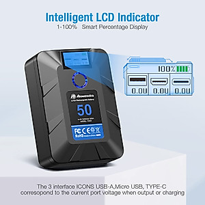 Powerextra V Mount Battery V Lock Battery 50Wh with LCD Screen D-Tap USB-A USB-C Ports Compatible with Broadcast Video Camcorder Sony HDCAM XDCAM Digital Cinema Cameras