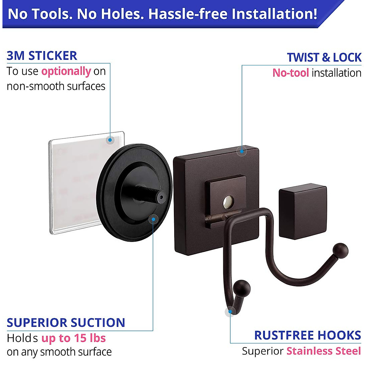 HOME SO Suction Cup Hooks for Shower, Bathroom, Kitchen, Glass Door, Mirror, Tile – Loofah, Towel, Bath Robe Removable Hook Holder – Prisma Collection, Stainless Steel Bronze (2-Pack)…