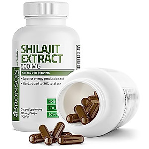Bronson Shilajit Extract 500 MG Per Serving, Supports Energy Production & Vitality, Standardized to 20% Total Acids, Non-GMO, 60 Vegetarian Capsules