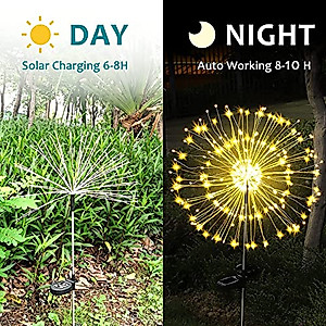 JJGoo Solar Garden Lights, 2 Pack 150 LEDs 2 Lighting Modes Waterproof Fireworks Light for Outdoor Patio Walkway Pathway Decorative - Warm White