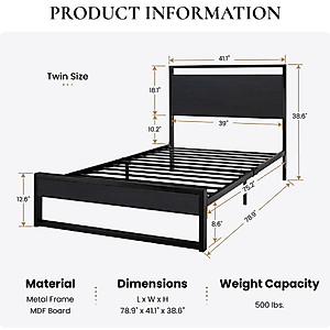 SHA CERLIN Twin Bed Frame with Wooden Headboard, Heavy Duty Metal Platform Bed, Single Platform Bed for Kids, No Box Spring Needed, Easy Assembly, Black