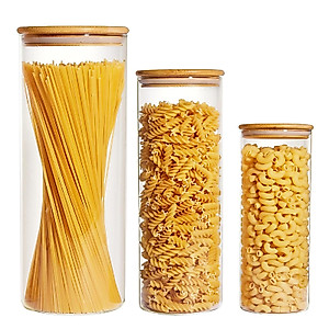 RoweLLsouL Glass Storage Jars, Transparent Food Containers Set of 3, Food Jars with Bamboo Wood Lid for Kitchen Ingredients Storage, Coffee Beans, Candy, Cookies, Rice, Sugar, Flour, Pasta, Nuts