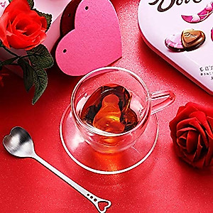 Heart Shaped Double Walled Glass Insulated Coffee Mug Clear Tea Cup 180 ml, 6 Oz Cappuccino Cup with Saucer and Heart Shaped Coffee Spoons for Valentine's Day Anniversary Party Supplies
