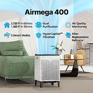 Coway Airmega 400 True HEPA Air Purifier with Smart Technology, Covers 1,560 sq. ft, White