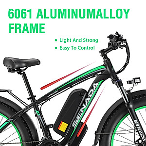SENADA 26" Fat Tire Electric Bike for Adults, 840Wh Mountain Ebike with USB Interface Removable Battery, Adult Electric Bicycle with Colorful LCD Display & 7 Speed (with Phone Mount, Black Green)
