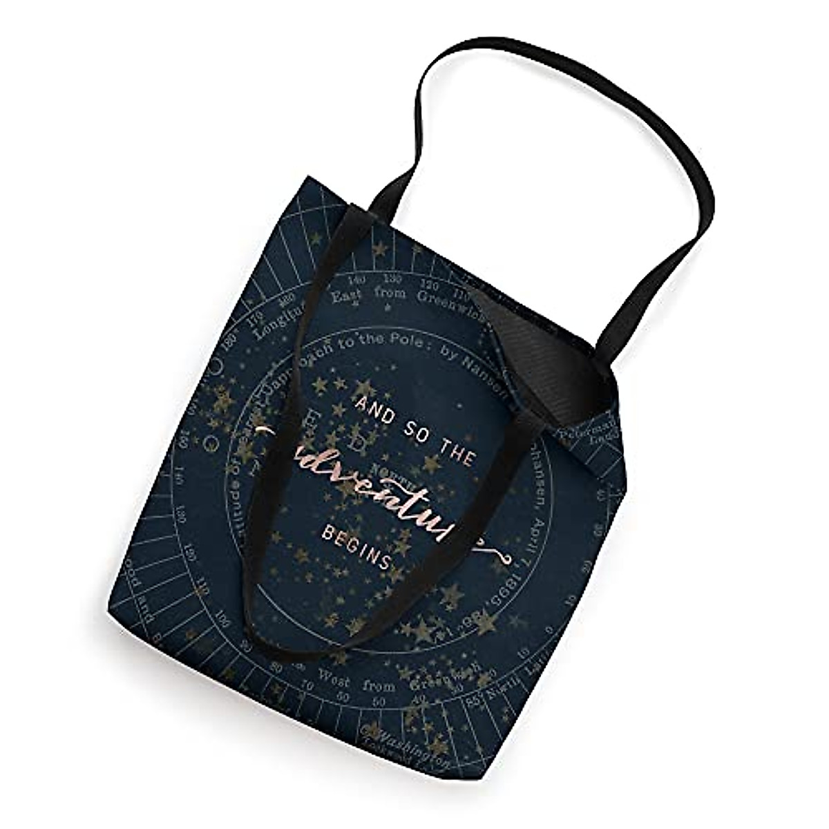The Adventure Begins Quote Pink Star Map on Blue Tote Bag